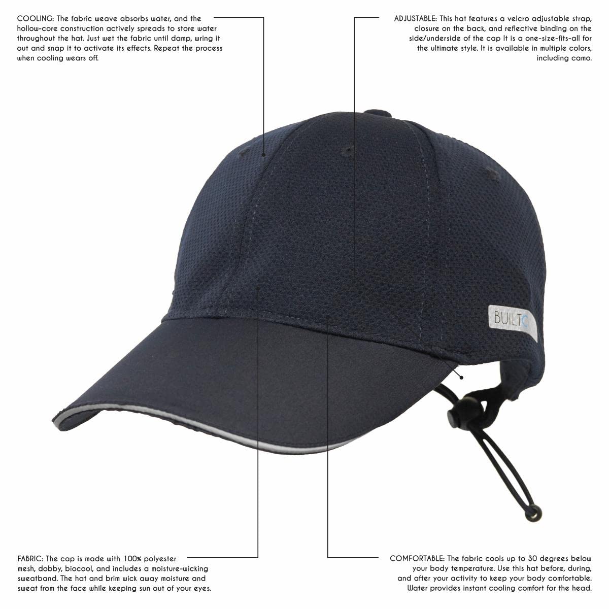 BUILTCOOL Adult Mesh Baseball Hat - Men & Women Cooling Ball Cap for Running, Tennis, and Golf - One Size, Navy