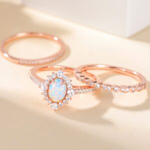 TIGRADE 1.5CT Oval Opal Bridal Ring Sets 3Pcs Rose Gold Stackable Rings Cubic Zirconia Engagement Halo CZ Wedding Band for Women Size 3-12, Size 9