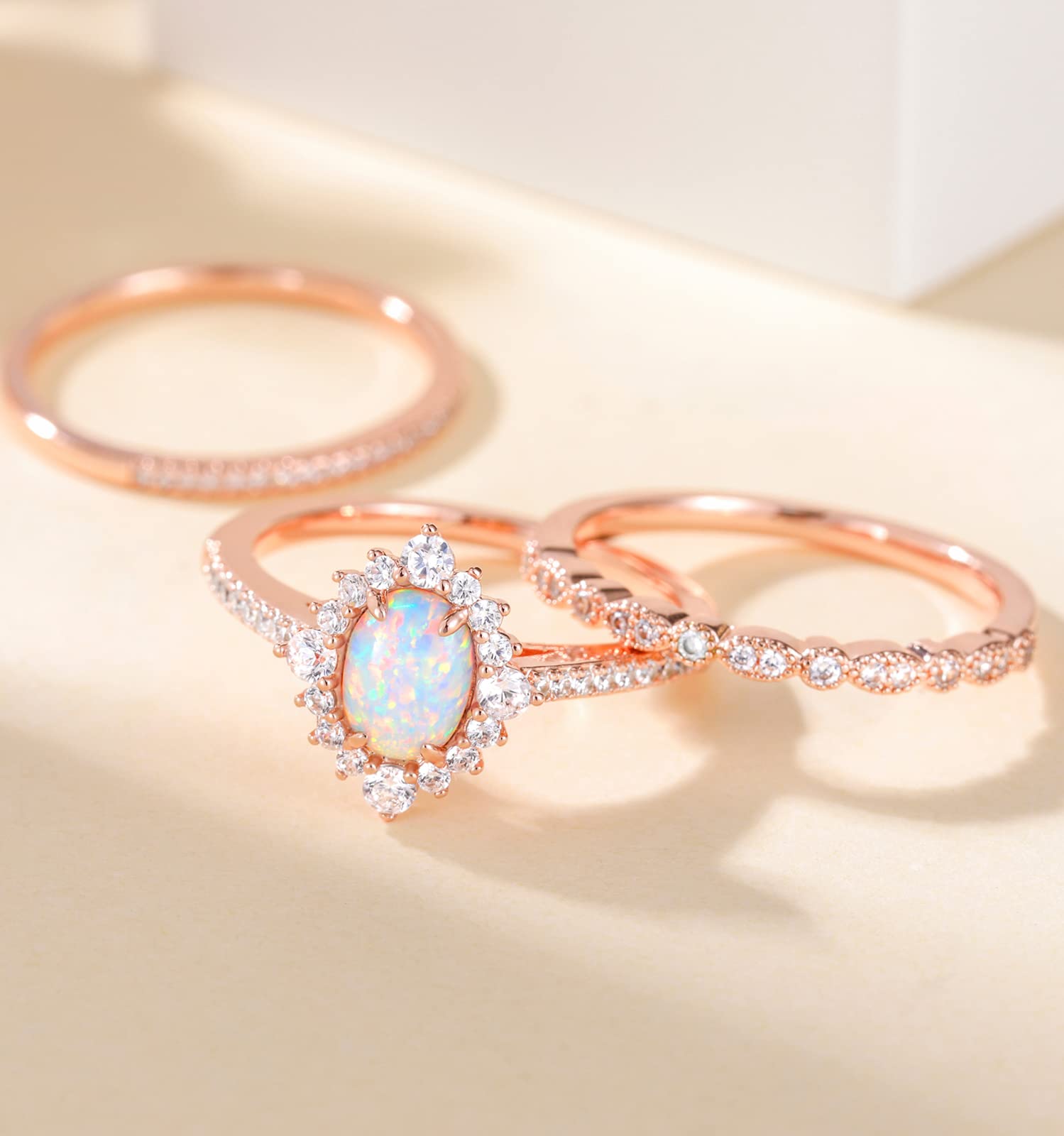 TIGRADE 1.5CT Oval Opal Bridal Ring Sets 3Pcs Rose Gold Stackable Rings Cubic Zirconia Engagement Halo CZ Wedding Band for Women Size 3-12, Size 9