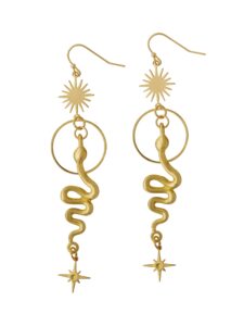 sacina gothic sun star snake earrings, gold-plated- brass snake sun star pendant, celestial earrings, goth halloween christmas new year jewelry gift for women