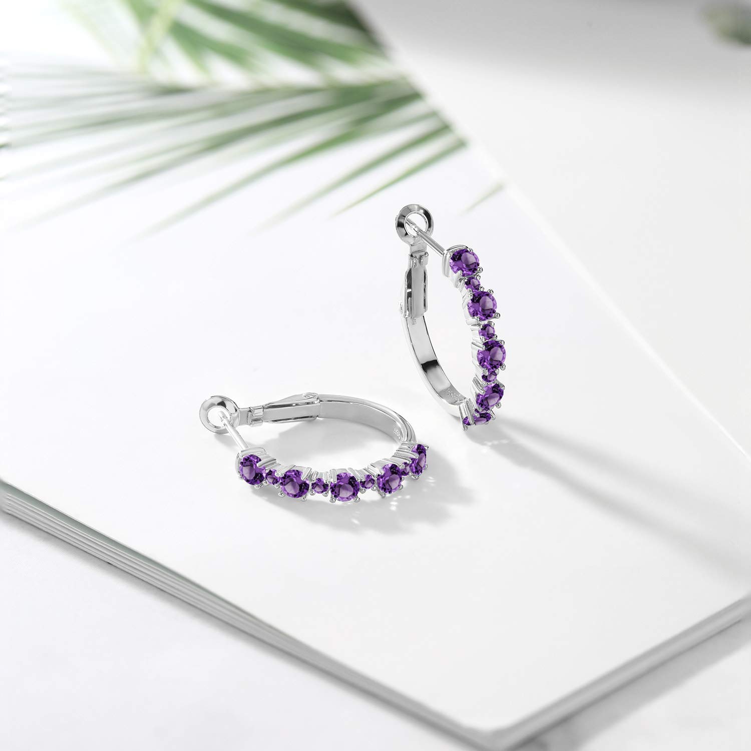 Gem Stone King 925 Sterling Silver Round Purple Purple Amethyst Hoop Earrings For Women (1.32 Cttw, Gemstone Birthstone, 3/7 Inch Diameter)