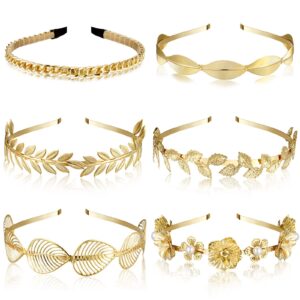 xunyee 6 pcs gold leaf headbands set pearl headbands for women greek goddess accessories flower faux pearls headband gold metal prom headpiece crown bridal hairband for women girl (graceful style)