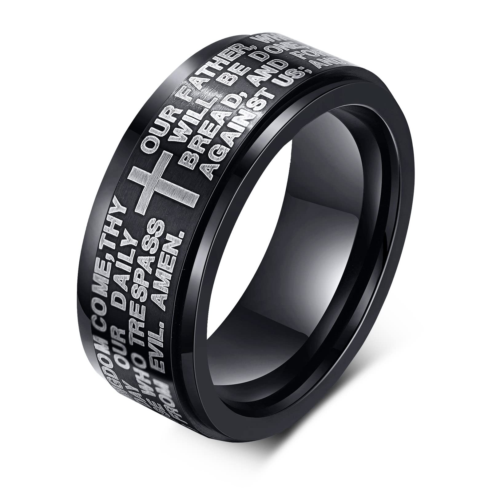 yomlry Fidget Ring Anxiety Ring for Women Men Christian Lord's Prayer Cross Ring Stainless Steel Spinner Cross Ring for Anxiety Relief Laser Engraved Anxiety Rings Wedding Band-Black-13