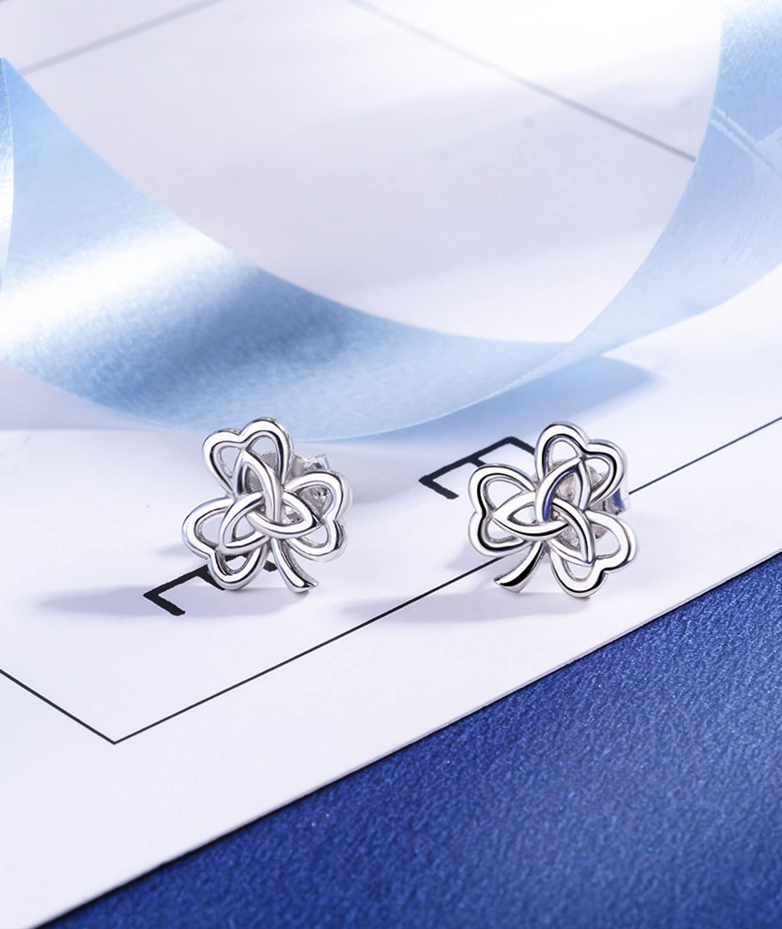 INFUSEU Shamrock Earrings Celtic Knot Stud Irish Jewelry for Women Sterling Silver Small Tiny Four Leaf Clover Little Teengirl Teen Adolescent Teenager Young 925 Gift 6mm