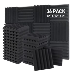 sound proof foam panels - 12 x 12 x 2 inches 36 pack wedges acoustic foam panels sound proofing padding for walls and ceiling high density foam studio foam (black)