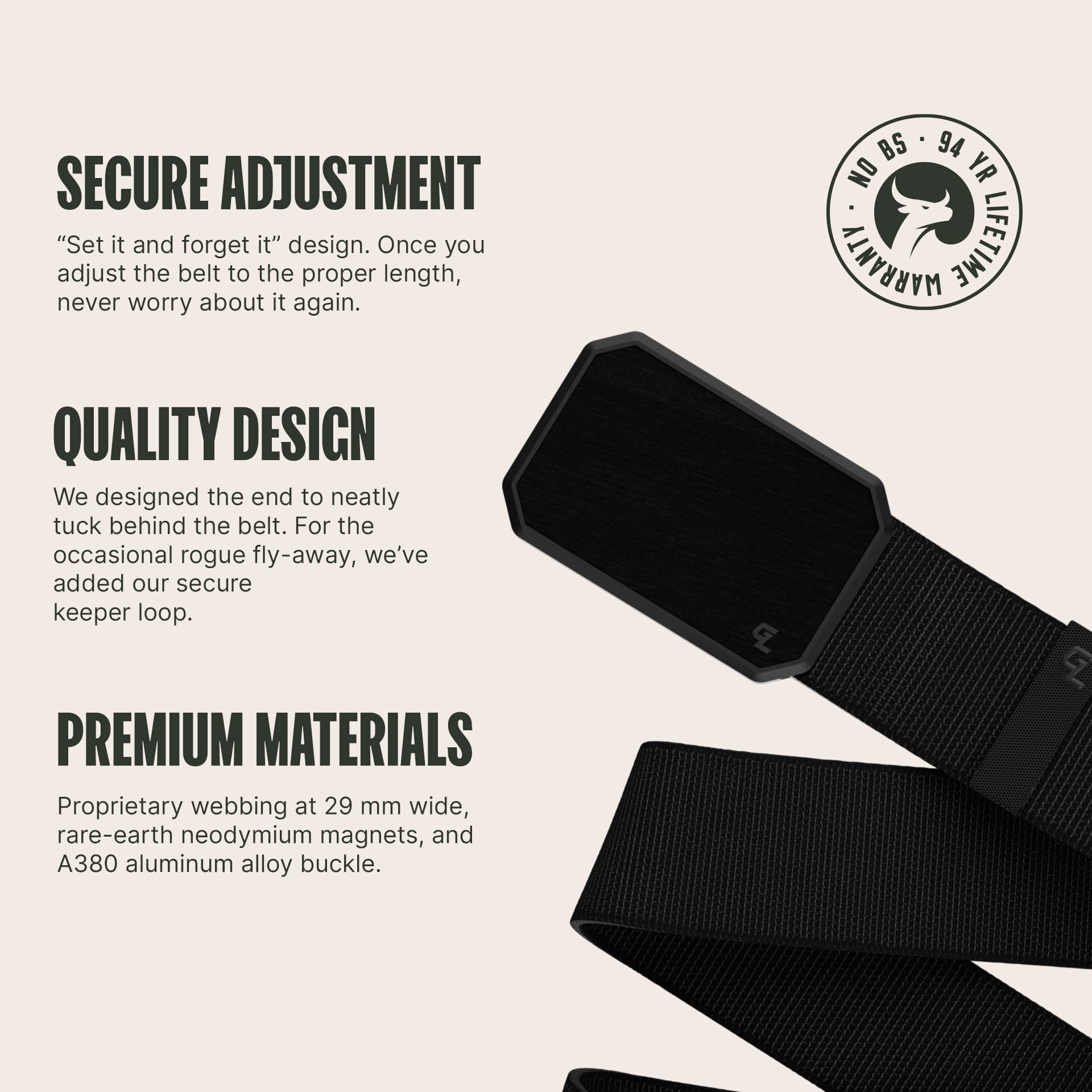 Groove Life Groove Belt Black/Black - Men's Stretch Nylon Belt with Magnetic Aluminum Buckle, Lifetime Coverage - Medium (33-36")