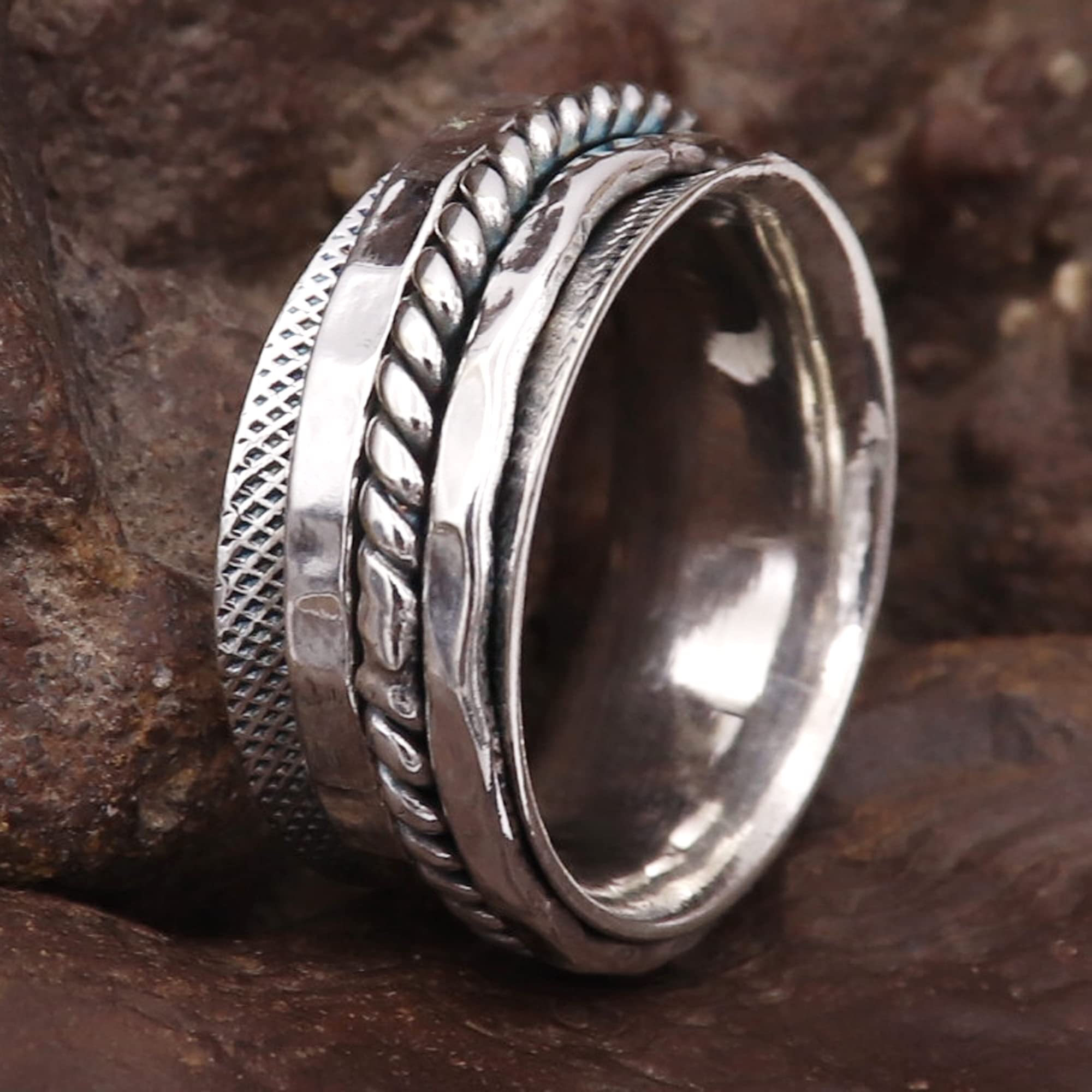 Goyal Jewels Silver Ring 925 Sterling Silver Band and Spinner Meditation Beautiful Ring Men Women Ring Gift Item Statement Handmade Jewelry Ring GESR260 (US-15)