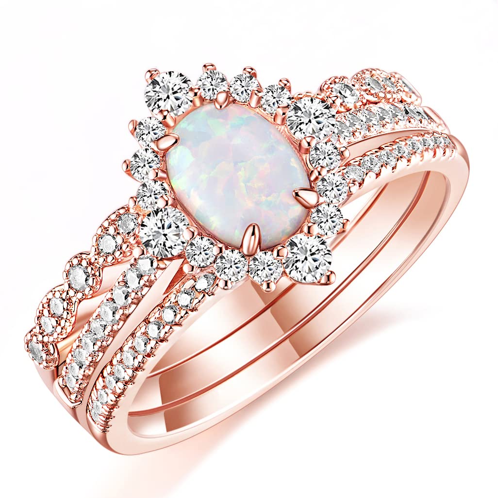 TIGRADE 1.5CT Oval Opal Bridal Ring Sets 3Pcs Rose Gold Stackable Rings Cubic Zirconia Engagement Halo CZ Wedding Band for Women Size 3-12, Size 9