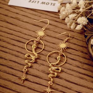 Sacina Gothic Sun Star Snake Earrings, Gold-Plated- Brass Snake Sun Star Pendant, Celestial Earrings, Goth Halloween Christmas New Year Jewelry Gift for Women