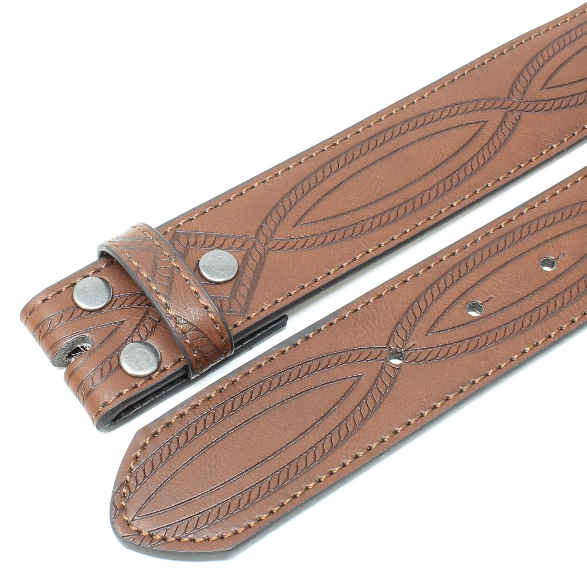 BC Belts Leather Belt Strap with Fancy Saddle Stitch Embossed Pattern 1.5" Wide with Snaps (Brown-S)