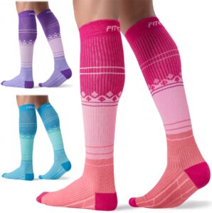 fitrell 3 pairs compression socks for women and men 15-20mmhg-muscle circulation support socks for travel, nurse, knee high socks, pink+purple+blue l/xl