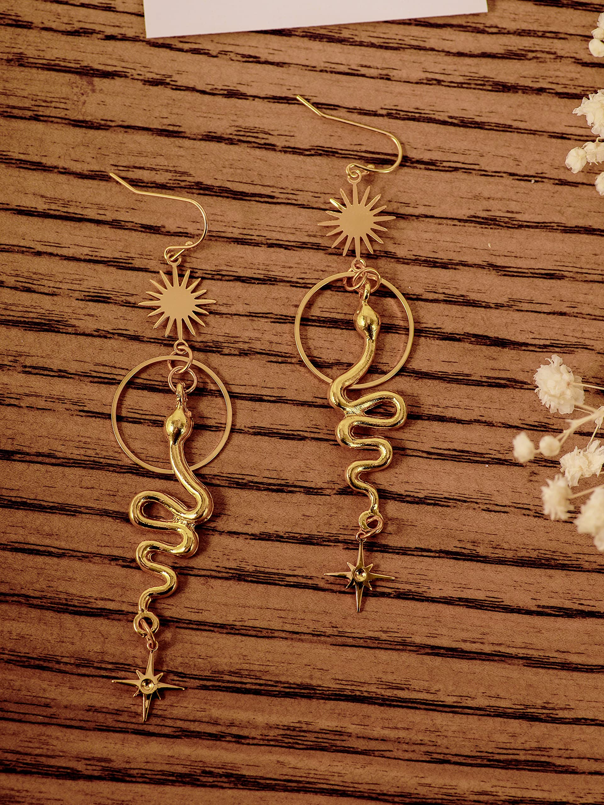 Sacina Gothic Sun Star Snake Earrings, Gold-Plated- Brass Snake Sun Star Pendant, Celestial Earrings, Goth Halloween Christmas New Year Jewelry Gift for Women