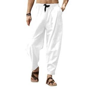 men's loose fit cotton linen pants drawstring stretch comfy summer beach yoga pants straight leg open bottom trousers white, 3x-large