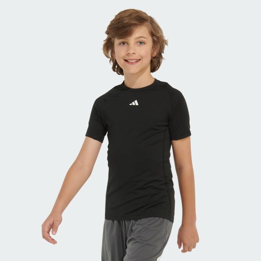 adidas Boys' Moisture Wicking Techfit Compression Shirt Short Sleeve, Black, Large (14/16)