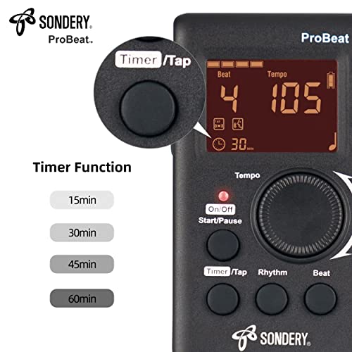 Sondery Digital Metronome for Guitar Piano Drum and All Instruments with Timer, English Vocal Counting and 3 Different Sounds with Earphone Jack and Flashing Light, Loud Volume, Rechargeable