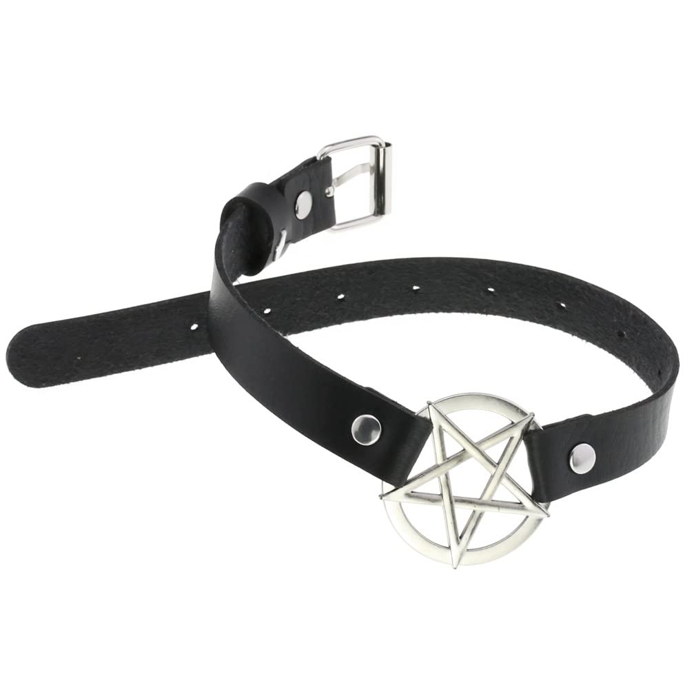 FM FM42 Black PU Simulated Leather Silvert-Tone Pentacle Star O Ring Collar Choker Necklace