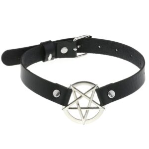 fm fm42 black pu simulated leather silvert-tone pentacle star o ring collar choker necklace