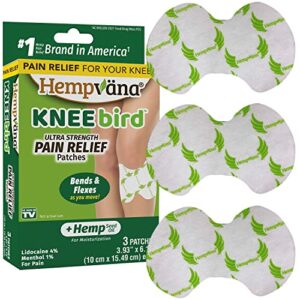 hempvana knee bird knee relief patch, fda-listed doctor-designed, as-seen-on-tv, cool numb hemp triple action technology up to 8 hours of relief, ergonomic knee design, bends & flexes when you move