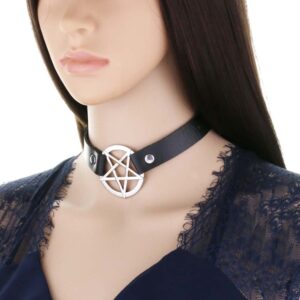 FM FM42 Black PU Simulated Leather Silvert-Tone Pentacle Star O Ring Collar Choker Necklace