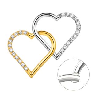 Piercingpops Heart Cartilage Conch Daith Rook Tragus Helix Earrings Cubic Zirconia Septum Clicker Ring Nose Rings Hoop Piercing Jewelry (Gold Heart Left CZ Paved, 16g- 5/16"(8mm))