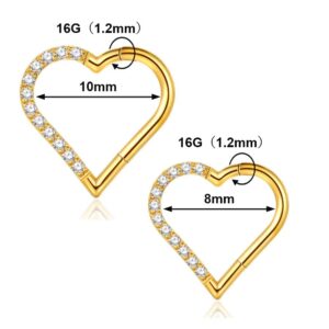 Piercingpops Heart Cartilage Conch Daith Rook Tragus Helix Earrings Cubic Zirconia Septum Clicker Ring Nose Rings Hoop Piercing Jewelry (Gold Heart Left CZ Paved, 16g- 5/16"(8mm))