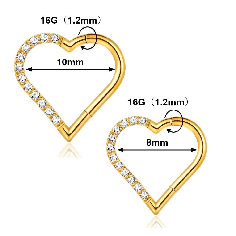 Piercingpops Heart Cartilage Conch Daith Rook Tragus Helix Earrings Cubic Zirconia Septum Clicker Ring Nose Rings Hoop Piercing Jewelry (Gold Heart Left CZ Paved, 16g- 5/16"(8mm))