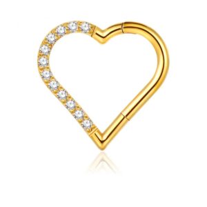 piercingpops heart cartilage conch daith rook tragus helix earrings cubic zirconia septum clicker ring nose rings hoop piercing jewelry (gold heart left cz paved, 16g- 5/16"(8mm))