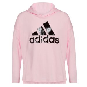 adidas girls' big long sleeve hooded graphic tee, clear pink, small (7/8)