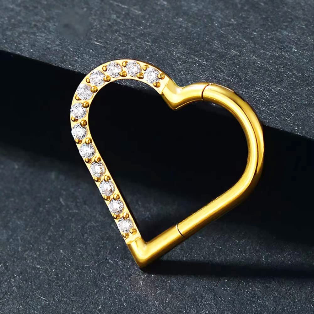 Piercingpops Heart Cartilage Conch Daith Rook Tragus Helix Earrings Cubic Zirconia Septum Clicker Ring Nose Rings Hoop Piercing Jewelry (Gold Heart Left CZ Paved, 16g- 5/16"(8mm))