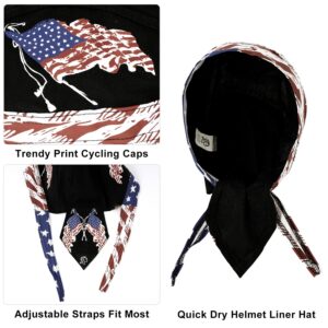 DOCILA 3 Pcs Do Rags for Men Stripe Star Skull Cap American Flag Bandana Hat Breathable Helmet Linner Beanie Patriotic Cycling Hats Veterans Memorial Gifts