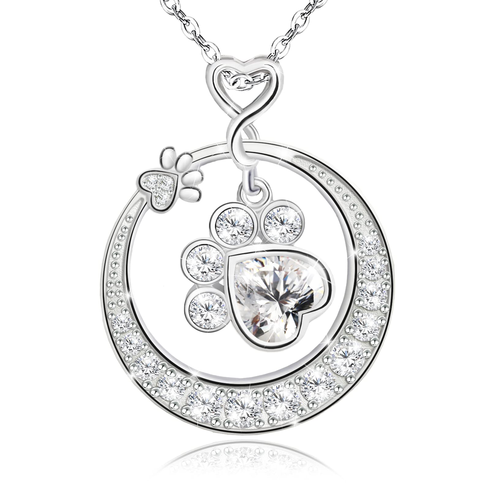 Paw Print Necklace for Women Girls - Sterling Silver Puppy Dog Cat Pet Paw Print Circle Pendant Necklace Cubic Zirconia Dainty Cute Adjustable Charm Necklace Birthday Gifts for Women Teens,15.7"+3.9"