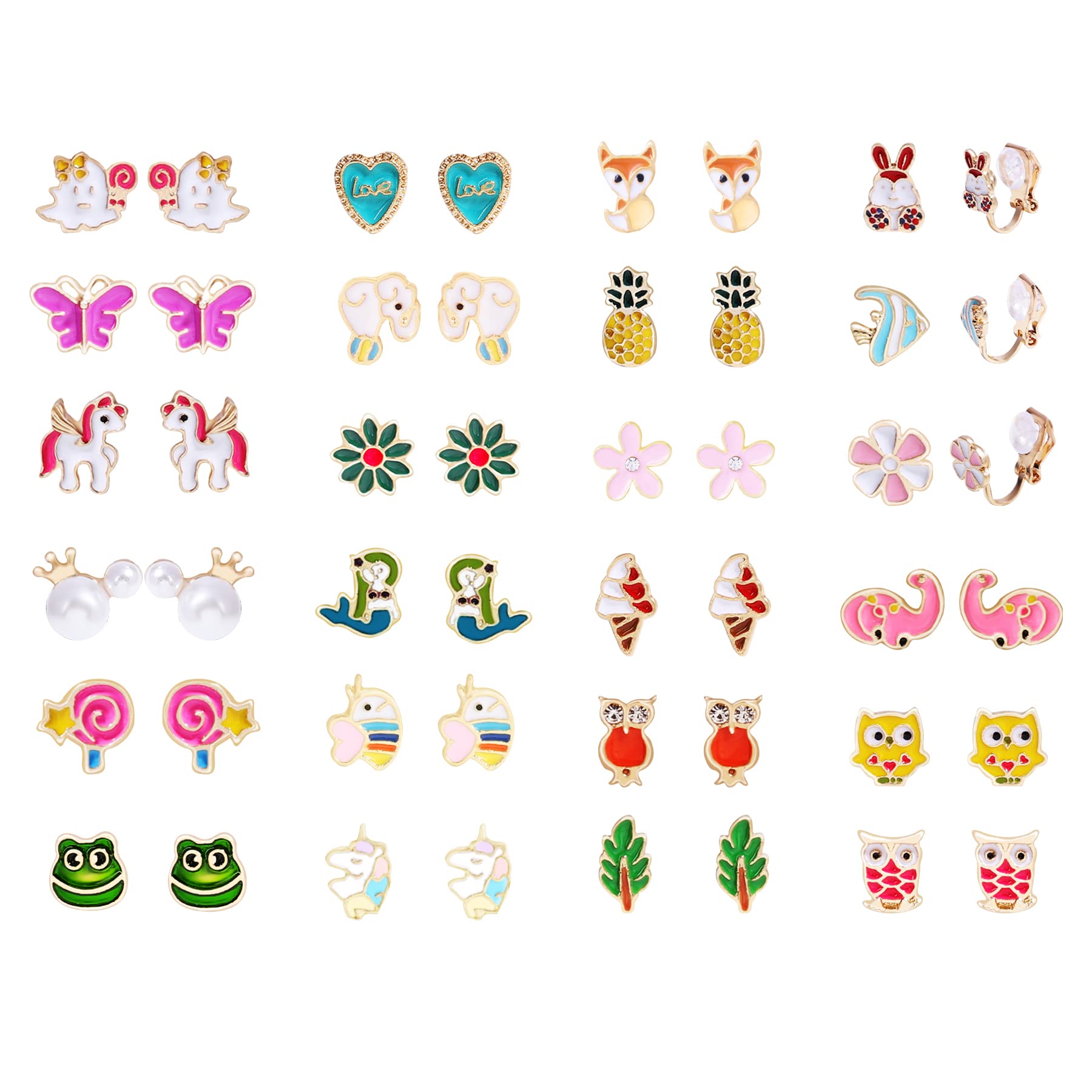 24 Pairs Clip On Earrings For Women Animal Butterfly Flower Colorful Hypoallergenic Non Pierced Fake Earring (#Style 02)