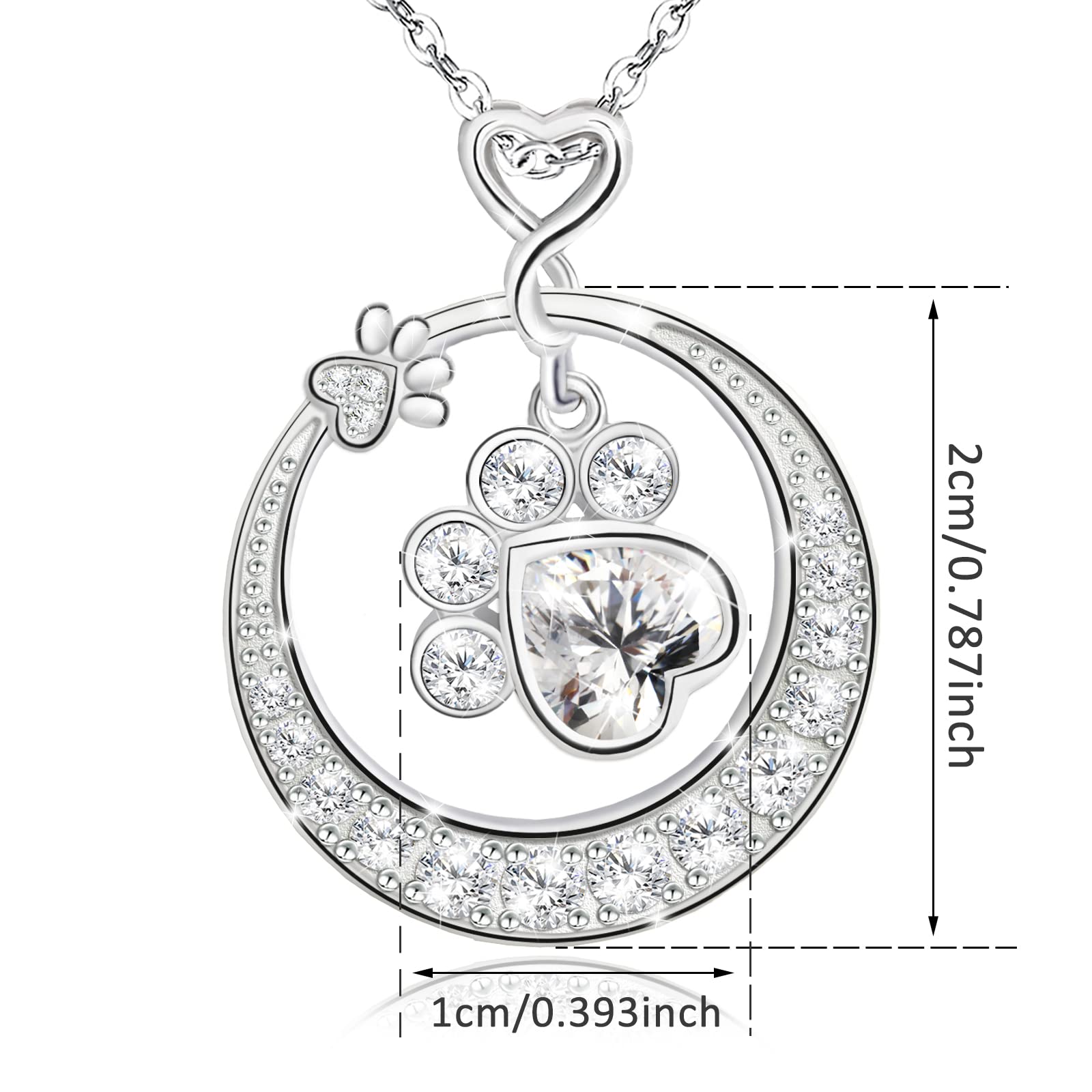 Paw Print Necklace for Women Girls - Sterling Silver Puppy Dog Cat Pet Paw Print Circle Pendant Necklace Cubic Zirconia Dainty Cute Adjustable Charm Necklace Birthday Gifts for Women Teens,15.7"+3.9"