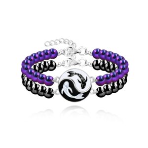 yin yang fish bracelets set for couples - his and hers round black purple hematite beads bracelets,matching puzzle yinyang fish bracelets for boyfriend girlfriend best friends y2100