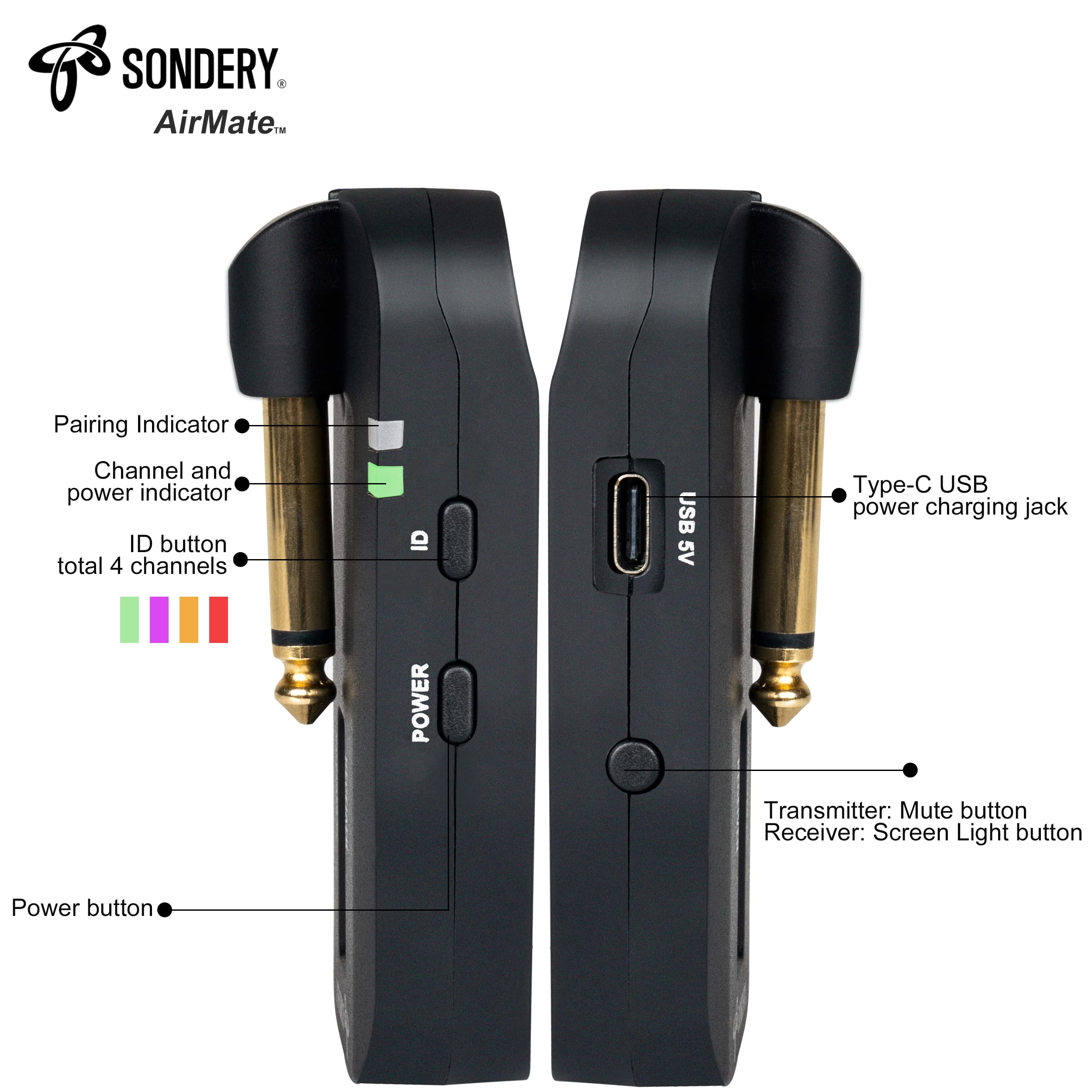 Sondery Wireless Guitar Transmitter Receiver System 5.8GHz, 24-bit High-Quality Audio, Ultra-Low Latency, Rechargeable with 4 Channels for Electric Instruments