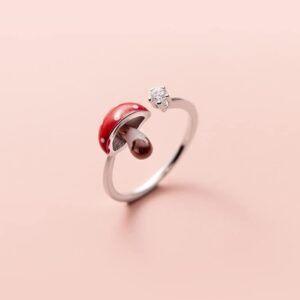 Cute Mushroom 925 Sterling Silver Open Band Ring for Women Girls CZ Expandable Creative Enamel Food Statement Finger Rings Adjustable Comfortable Dainty Birthday Easter Christmas Jewelry Gift