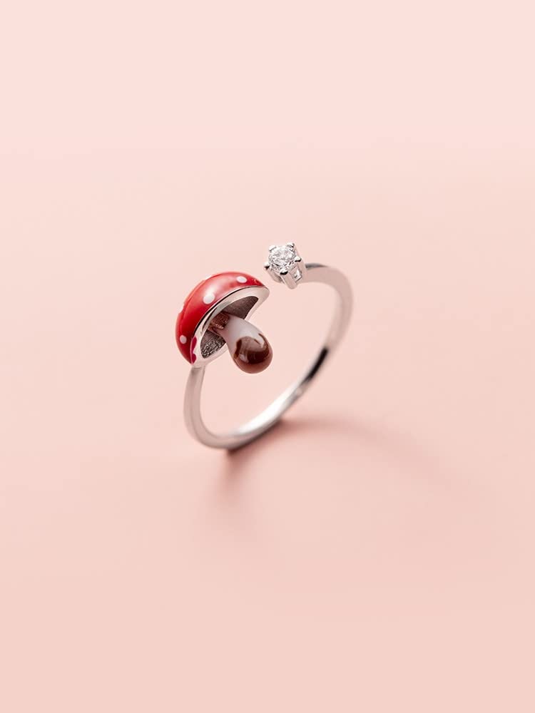 Cute Mushroom 925 Sterling Silver Open Band Ring for Women Girls CZ Expandable Creative Enamel Food Statement Finger Rings Adjustable Comfortable Dainty Birthday Easter Christmas Jewelry Gift