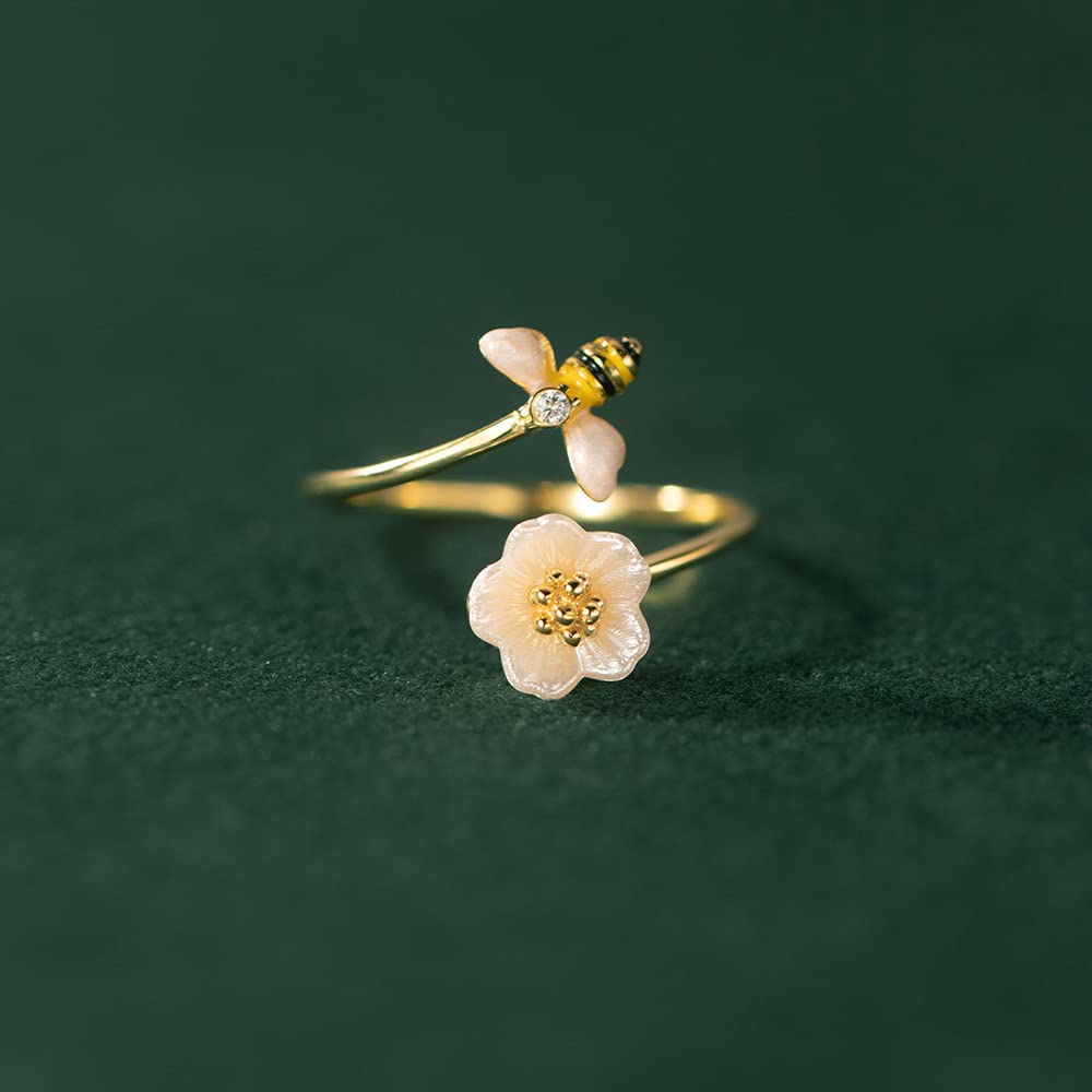 Cute Honey Bee CZ Daisy Flower Adjustable Statement Open Wrap Band Finger Rings Women Dainty Fashion 925 Sterling Silver 14K Gold Plated Animal Engagement Shell Pearl Tail Ring Delicate Jewelry Gifts Her Daughter Bff Birthday