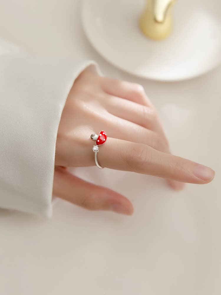 Cute Mushroom 925 Sterling Silver Open Band Ring for Women Girls CZ Expandable Creative Enamel Food Statement Finger Rings Adjustable Comfortable Dainty Birthday Easter Christmas Jewelry Gift