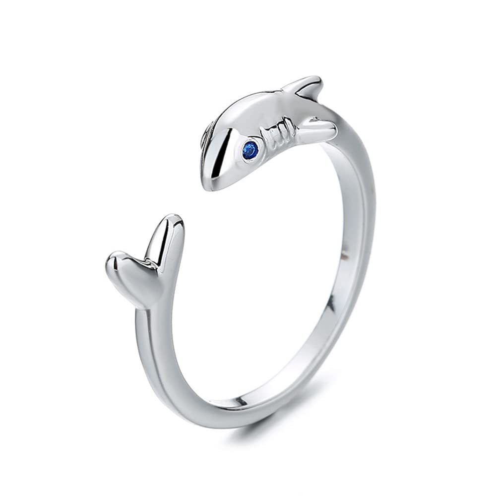 Cute Shark Open Rings Sea Animal Fish Blue Cubic Zirconia Eye for Women Men Sterling Silver Plated Expandable Adjustable Wrap Stackable Finger Knuckle Ring Fashion Christmas Birthday Dainty Jewelry Gifts Bff