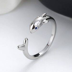 Cute Shark Open Rings Sea Animal Fish Blue Cubic Zirconia Eye for Women Men Sterling Silver Plated Expandable Adjustable Wrap Stackable Finger Knuckle Ring Fashion Christmas Birthday Dainty Jewelry Gifts Bff