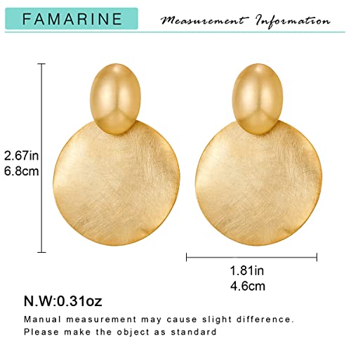 FAMARINE Matte Gold Big Disc Drop Dangle Earrings Statement Brushed Round Hammered Women Earrings Fashion Jewelry