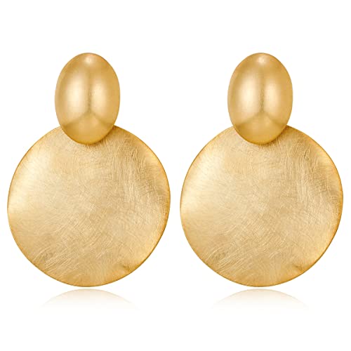 FAMARINE Matte Gold Big Disc Drop Dangle Earrings Statement Brushed Round Hammered Women Earrings Fashion Jewelry