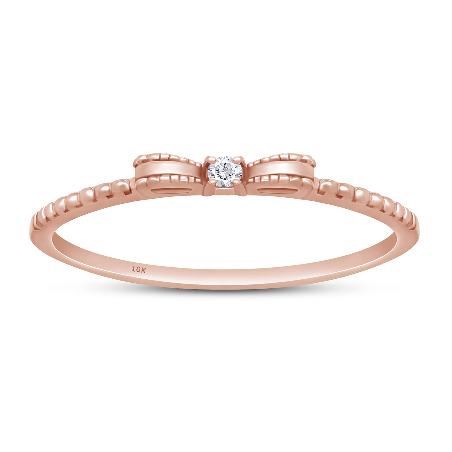 Round White Natural Diamond Accent 10k Solid Rose Gold Bow Ribbon Beaded Band Promise Ring (I-J Color, I2-I3 Clarity) Ring Size-5.5