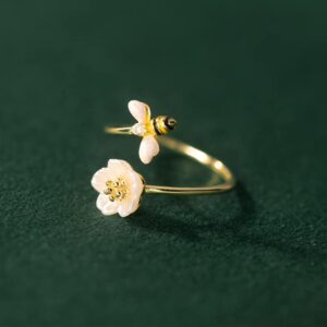 Cute Honey Bee CZ Daisy Flower Adjustable Statement Open Wrap Band Finger Rings Women Dainty Fashion 925 Sterling Silver 14K Gold Plated Animal Engagement Shell Pearl Tail Ring Delicate Jewelry Gifts Her Daughter Bff Birthday