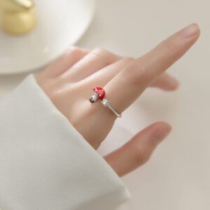 Cute Mushroom 925 Sterling Silver Open Band Ring for Women Girls CZ Expandable Creative Enamel Food Statement Finger Rings Adjustable Comfortable Dainty Birthday Easter Christmas Jewelry Gift