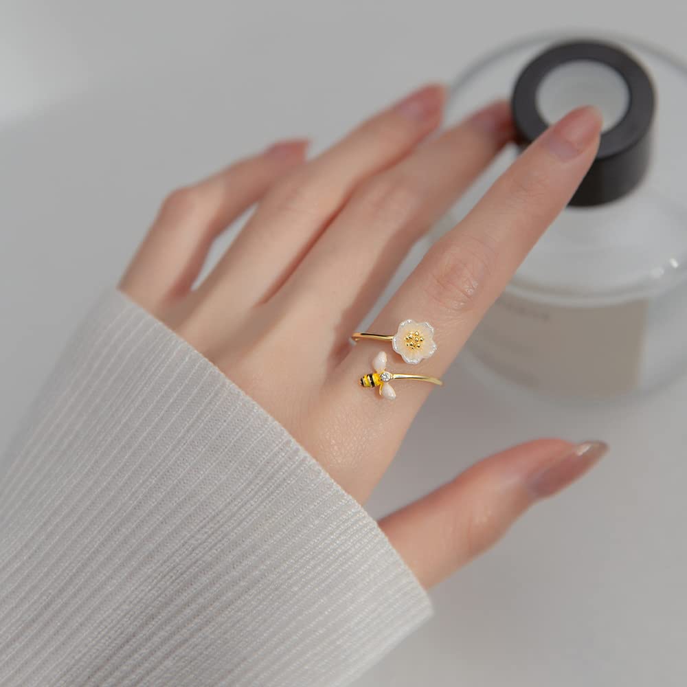 Cute Honey Bee CZ Daisy Flower Adjustable Statement Open Wrap Band Finger Rings Women Dainty Fashion 925 Sterling Silver 14K Gold Plated Animal Engagement Shell Pearl Tail Ring Delicate Jewelry Gifts Her Daughter Bff Birthday