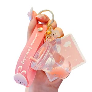 rertnocnf cute kawaii floating cartoon animals white rabbit milk tea cup design backpack car key pendant kids girls women handbag wallet clear acrylic glitter liquid keychain