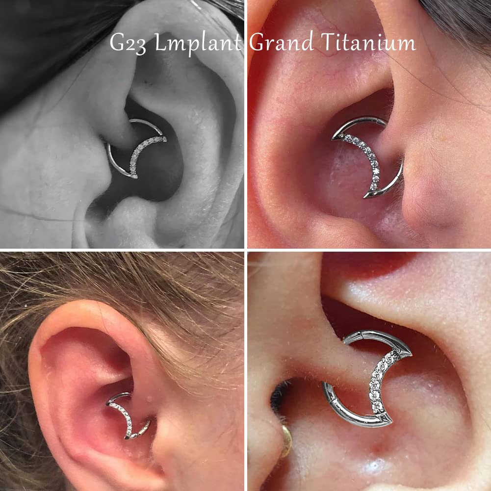 VOJO G23 Titanium Moon Daith Rook Piercing Earrings Jewelry Tragus Helix Nose Rings Cartilage for Women (8mm, CZ Silver)