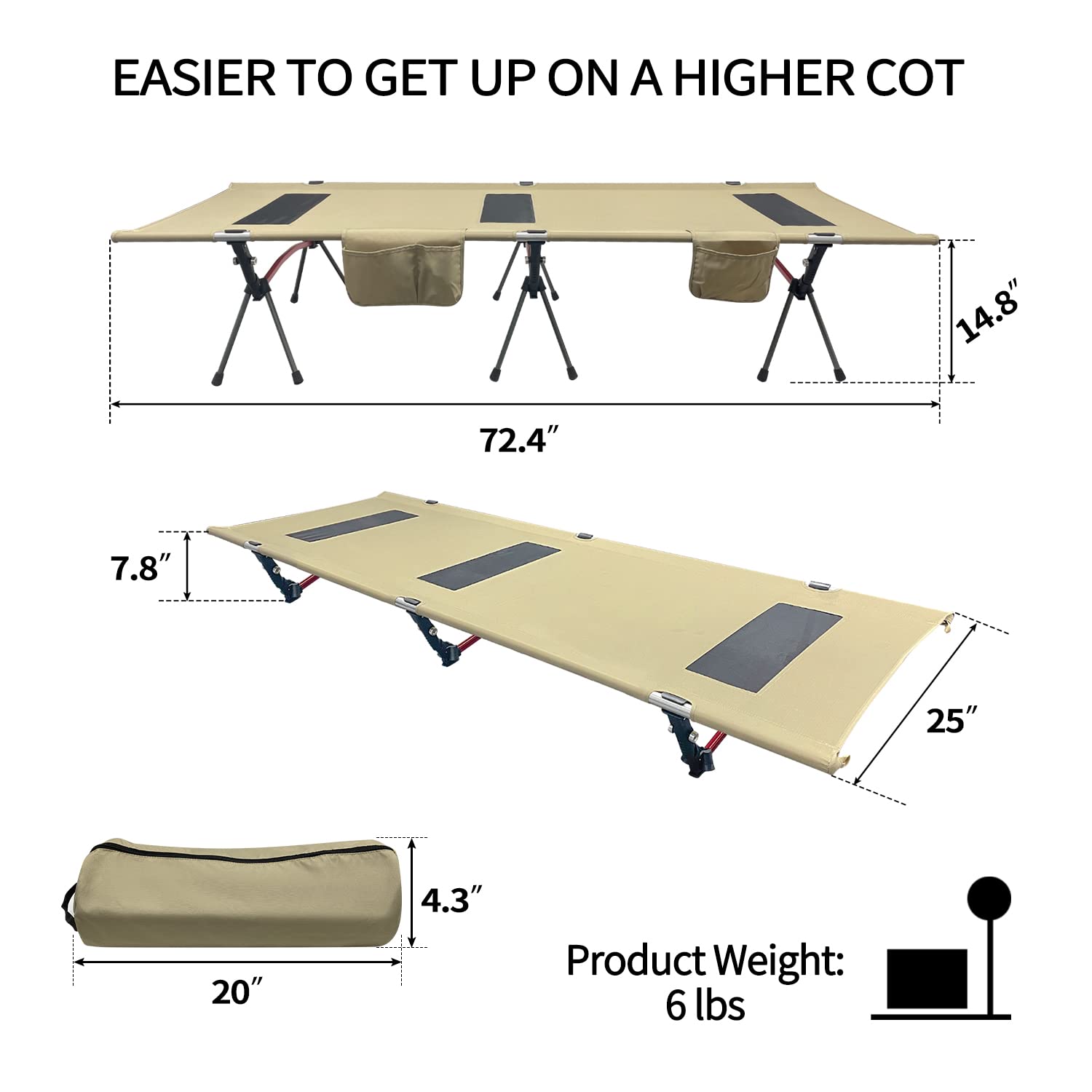 Sutekus Portable Camping Cot Ultralight Backpacking Cot Compact Sleeping Cot Bed with 2 Heights for Hiking Outdoor Beach Travel, Sand